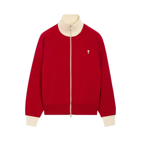 AMI Paris Quota Bicolor Zipped Sweatshirt With Off White De Coeur Embroidery 'vert Bouteille/ Ivoire - Green