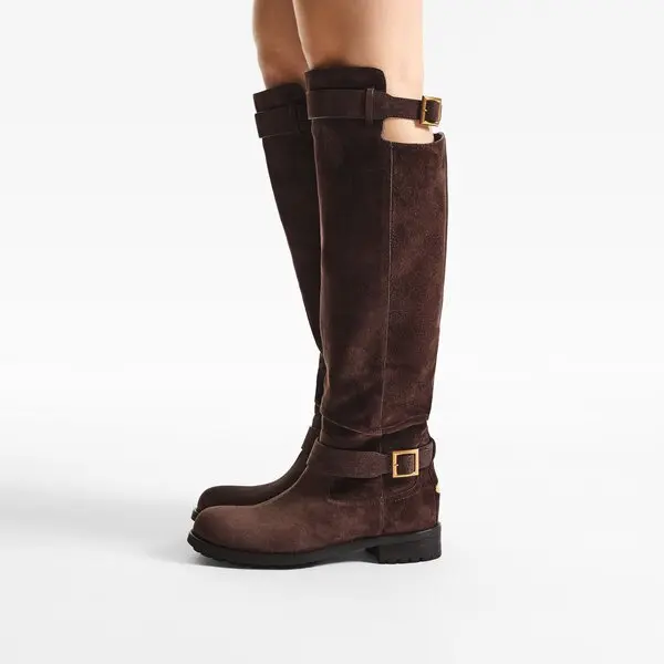 JIMMY CHOO Biker Knee Boot Chocolate Velvet Suede Knee-high Biker Boots Chocolate - Brown