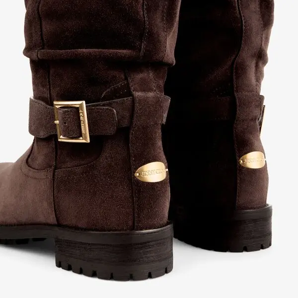 JIMMY CHOO Biker Knee Boot Chocolate Velvet Suede Knee-high Biker Boots Chocolate - Brown