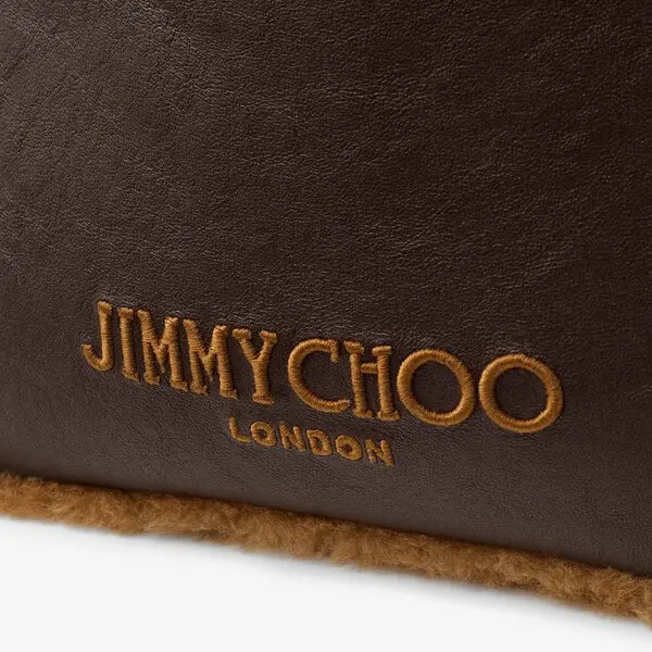 JIMMY CHOO Drawstring Pouch Top Handle Chocolate And Toffee Biker Leather And Shearling Drawstring Pouch With Pom-poms