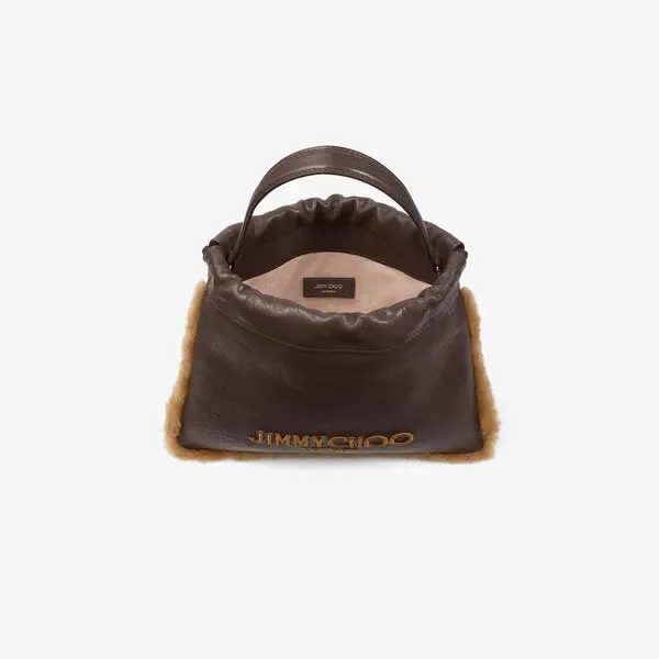 JIMMY CHOO Drawstring Pouch Top Handle Chocolate And Toffee Biker Leather And Shearling Drawstring Pouch With Pom-poms