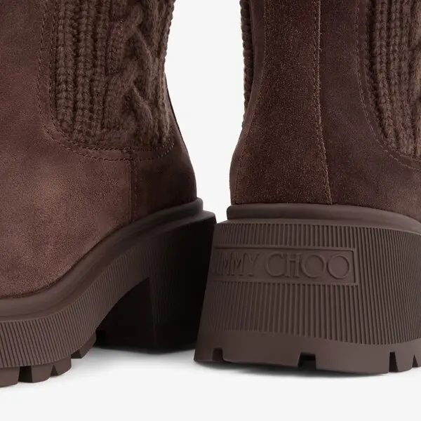 JIMMY CHOO Tamia Flat Chocolate Velvet Suede And Cable-knit Wool Chelsea Boots - Chocolate/chocolate