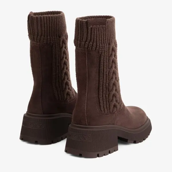 JIMMY CHOO Tamia Flat Chocolate Velvet Suede And Cable-knit Wool Chelsea Boots - Chocolate/chocolate