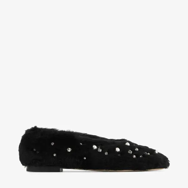 JIMMY CHOO Margot Flat Shearling Flats With Embroidered Pearls And Crystals Mix - Black
