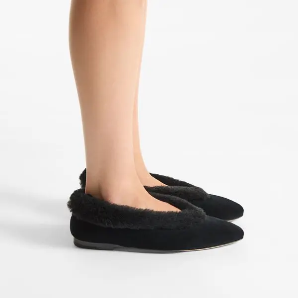 JIMMY CHOO Margot Flat Suede Flats With Shearling Lining - Black