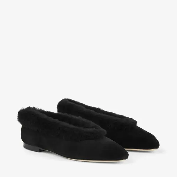 JIMMY CHOO Margot Flat Suede Flats With Shearling Lining - Black