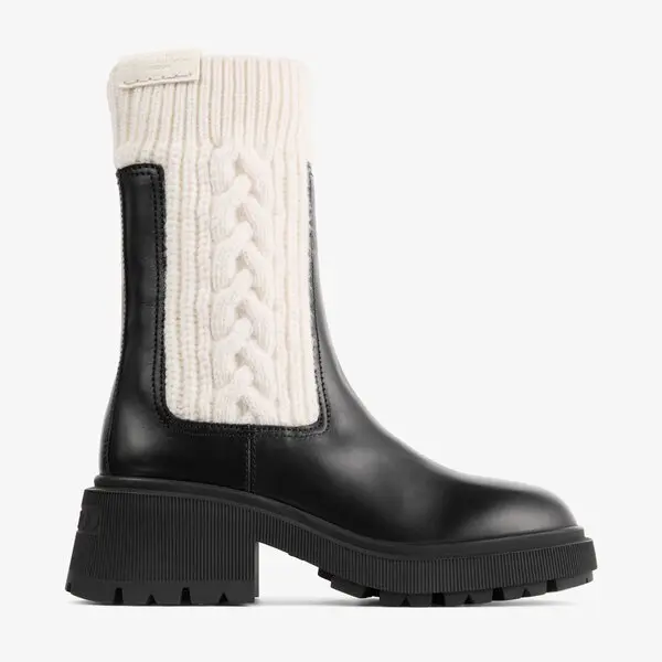 JIMMY CHOO Tamia Flat Black And Latte Shiny Calf Leather And Cable-knit Wool Chelsea Boots - Black/latte