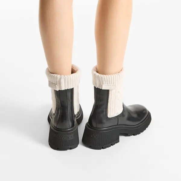 JIMMY CHOO Tamia Flat Black And Latte Shiny Calf Leather And Cable-knit Wool Chelsea Boots - Black/latte