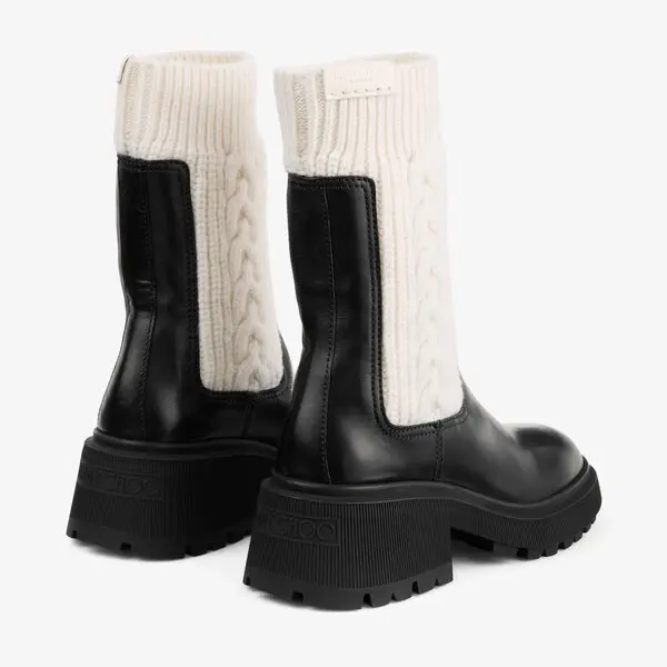 JIMMY CHOO Tamia Flat Black And Latte Shiny Calf Leather And Cable-knit Wool Chelsea Boots - Black/latte