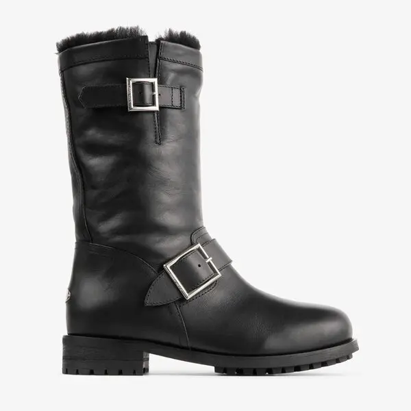 JIMMY CHOO Biker Mid Shiny Calf Leather Biker Mid Boots With Shearling Lining - Black