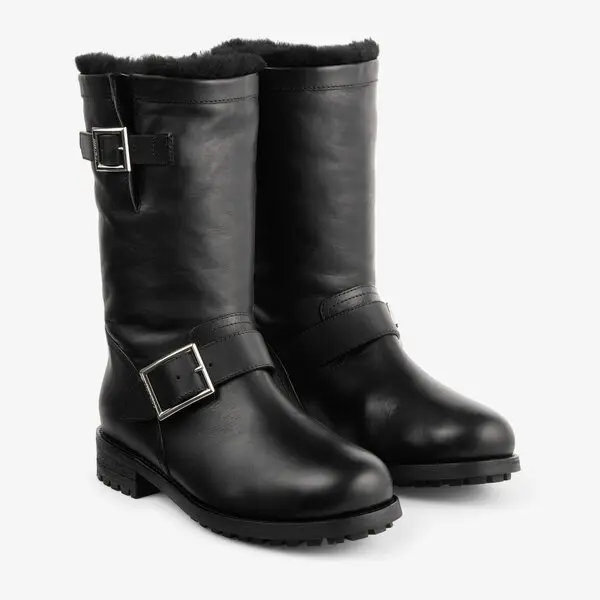JIMMY CHOO Biker Mid Shiny Calf Leather Biker Mid Boots With Shearling Lining - Black