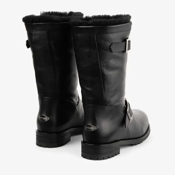 JIMMY CHOO Biker Mid Shiny Calf Leather Biker Mid Boots With Shearling Lining - Black