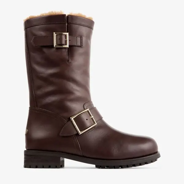 JIMMY CHOO Biker Mid Chocolate And Teddy Shiny Calf Leather Biker Mid Boots With Shearling Lining - Chocolate/teddy