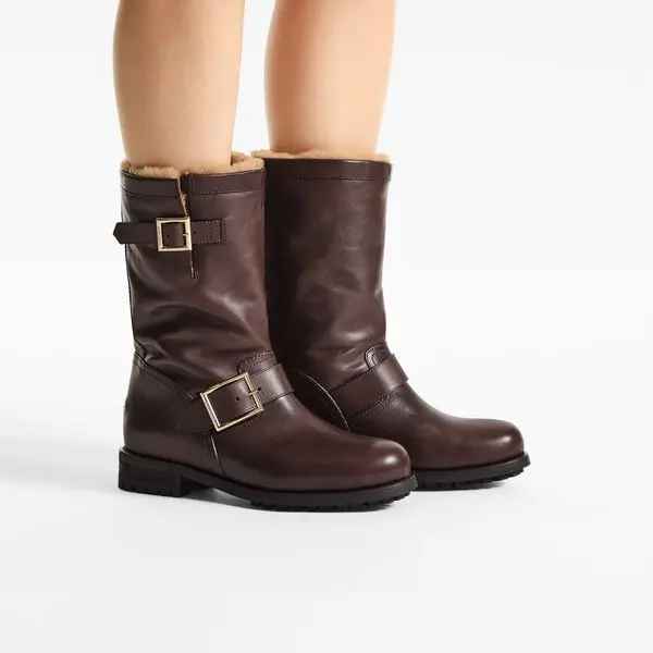 JIMMY CHOO Biker Mid Chocolate And Teddy Shiny Calf Leather Biker Mid Boots With Shearling Lining - Chocolate/teddy