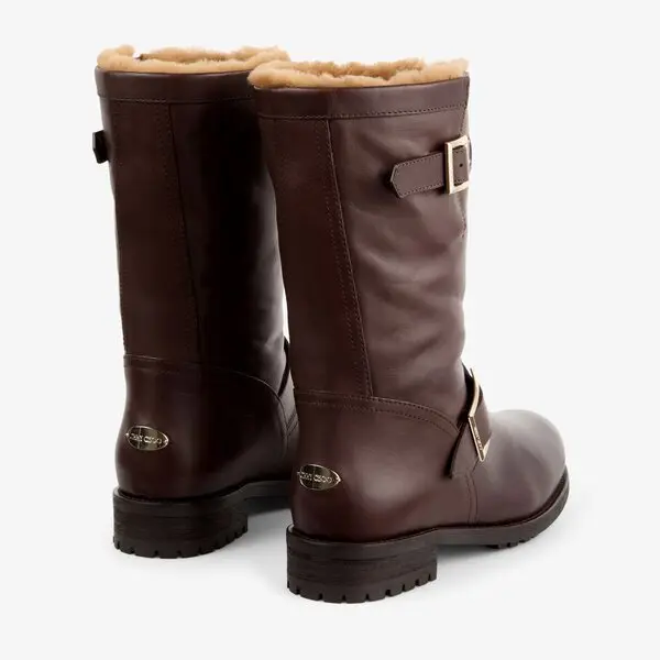 JIMMY CHOO Biker Mid Chocolate And Teddy Shiny Calf Leather Biker Mid Boots With Shearling Lining - Chocolate/teddy