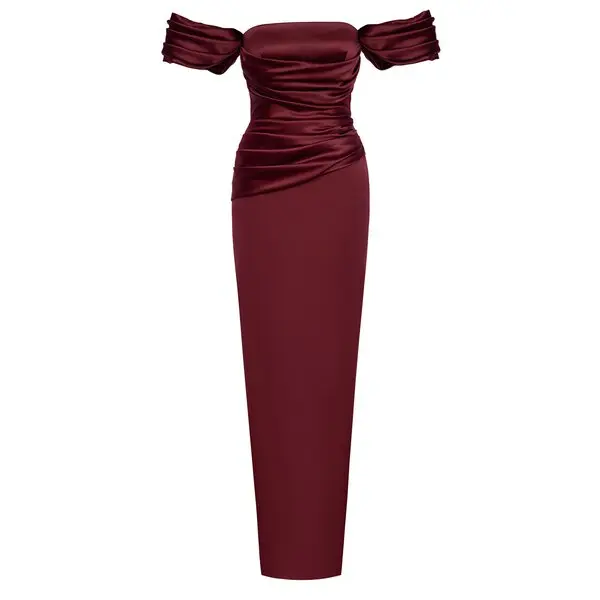 POST MERIDIEM Burgundy Maxi Dress With Draped Bodice & Sleeves