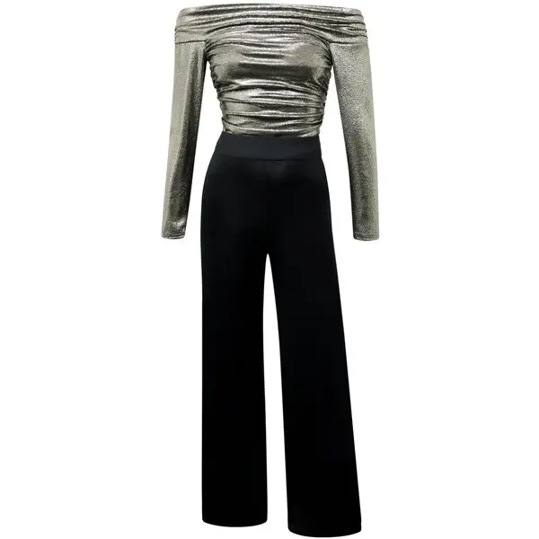 ME & THEE Gold / Black Melody Maker Gold Metallic Ruche Jumpsuit