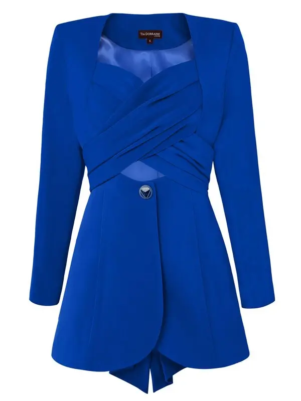 TIA DORRAINE Royal Azure Cross Wrap Statement Blazer - Blue