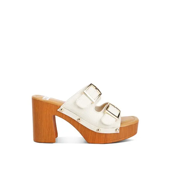 RAG & CO Sarai Buckle Straps High Block Heel Clogs In Beige By