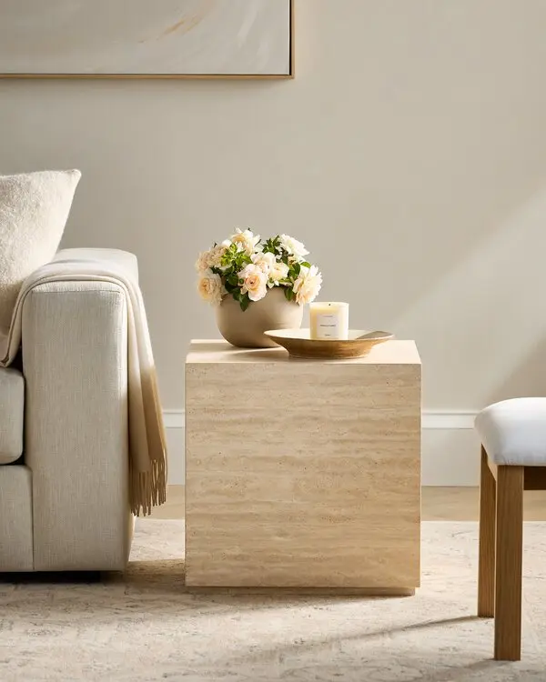 Quince Travertine Plinth End Table