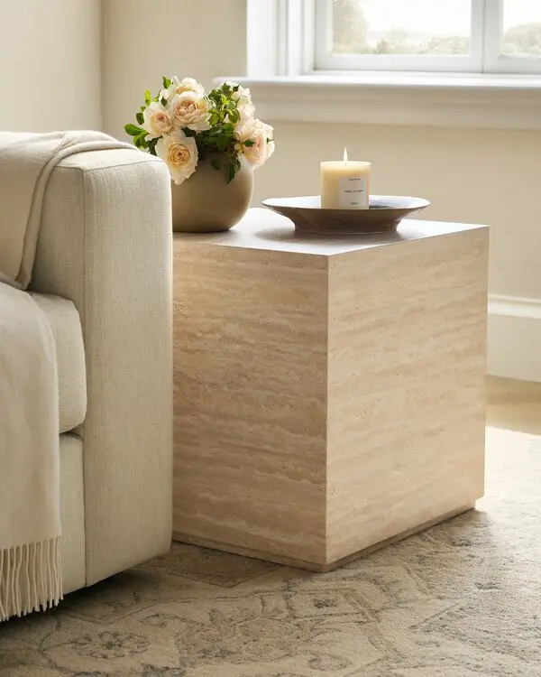 Quince Travertine Plinth End Table
