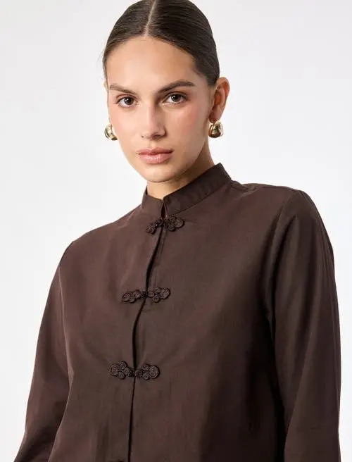 Koton Mandarin Collar Long Sleeve Poplin Shirt With Frog Closure