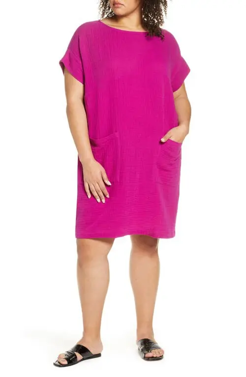 Eileen Fisher Ballet Neck Organic Cotton Shift Dress - Cerise