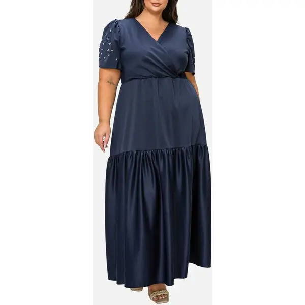 L I V D Starlit Soiree Rhinestone Maxi Dress - Navy
