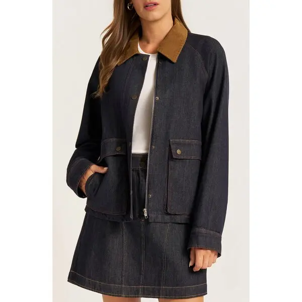 Matty M. Marley Corduroy Collar Denim Jacket - Denim/cognac