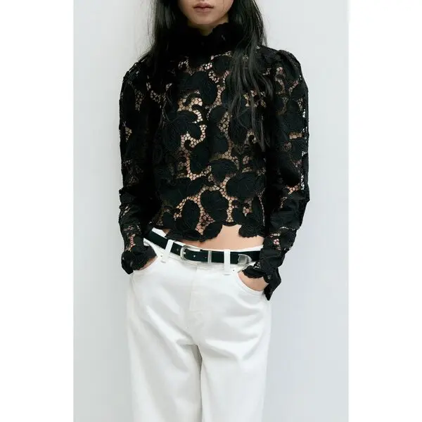Mango Guipure Lace Long Sleeve Top