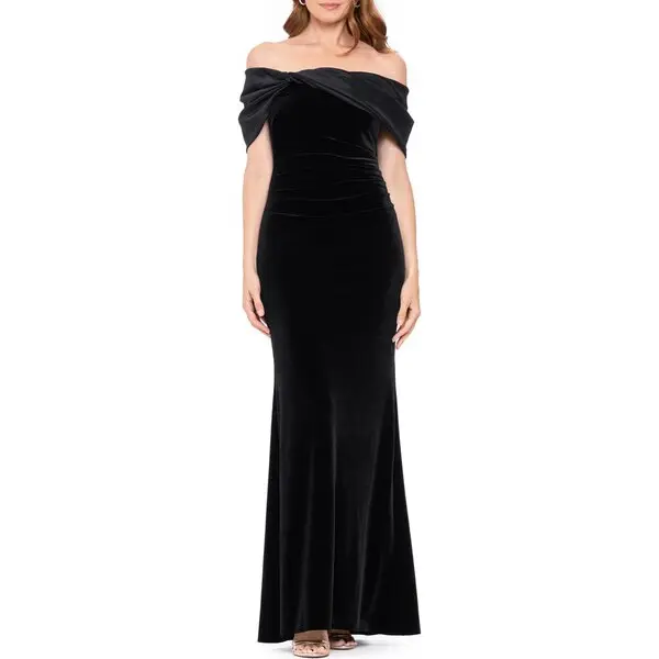 Betsy & Adam Off The Shoulder Ruched Velvet Gown