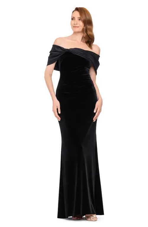 Betsy & Adam Off The Shoulder Ruched Velvet Gown