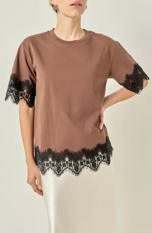 English Factory Lace Trim Cotton T-shirt - Brown