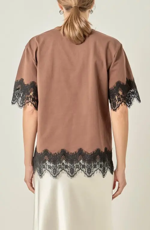 English Factory Lace Trim Cotton T-shirt - Brown