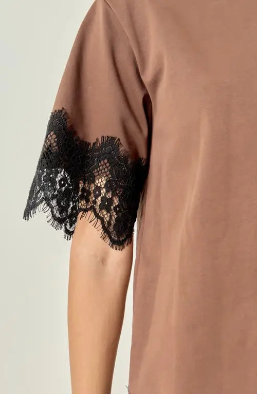 English Factory Lace Trim Cotton T-shirt - Brown