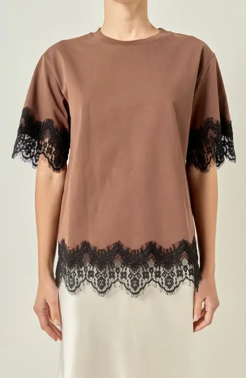 English Factory Lace Trim Cotton T-shirt - Brown