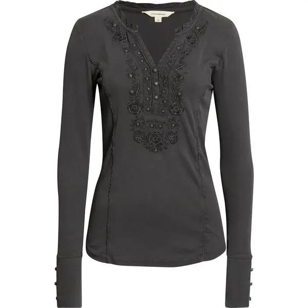 Lucky Brand Floral Appliqué Cotton Henley Top - Raven