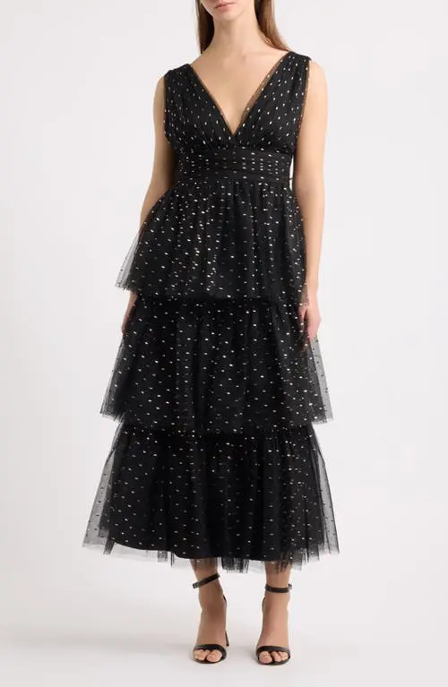 Lulus Sleeveless Foil Tiered Midi Dress