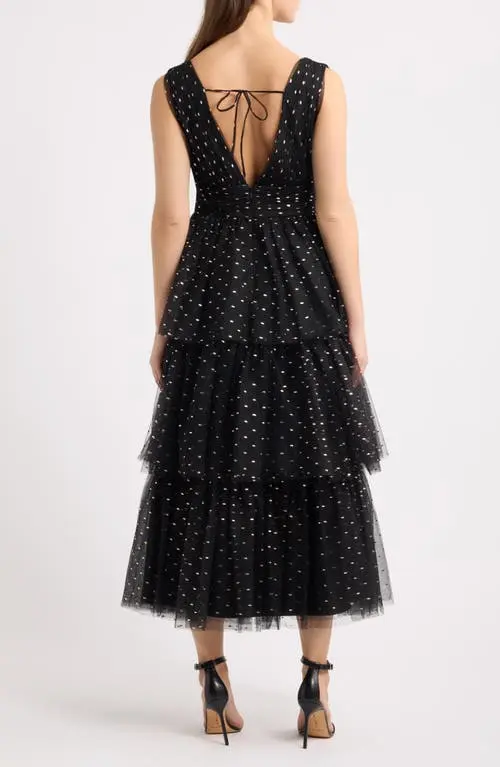 Lulus Sleeveless Foil Tiered Midi Dress