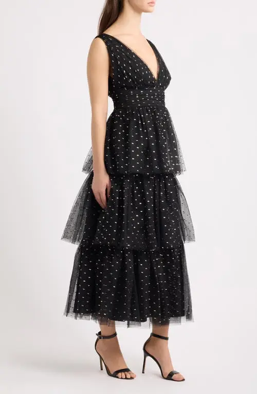 Lulus Sleeveless Foil Tiered Midi Dress