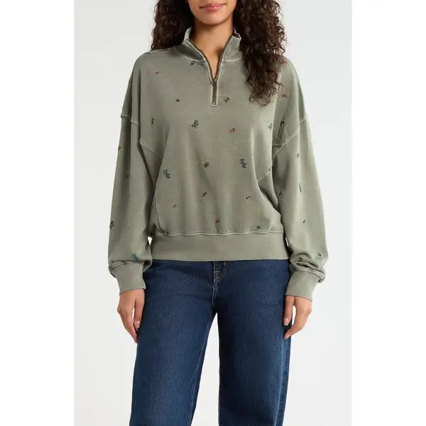 Lucky Brand Embroidered Half-zip Cotton Fleece Sweatshirt