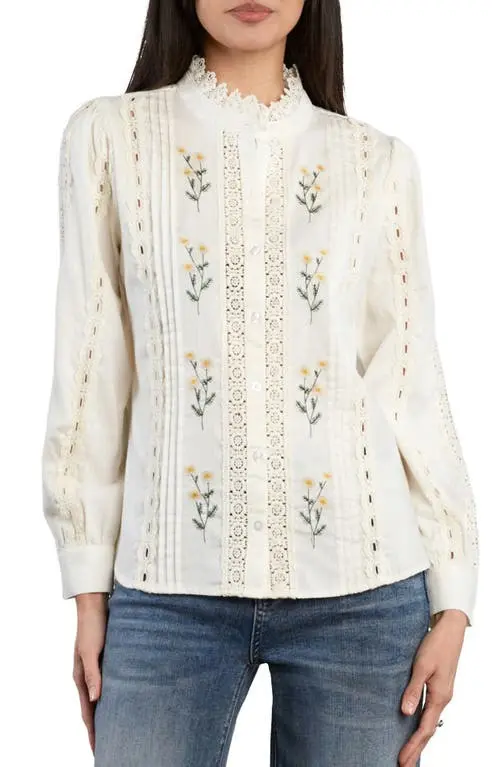 BILLY T Embroidered Lace Pintuck Shirt - White Alyssum