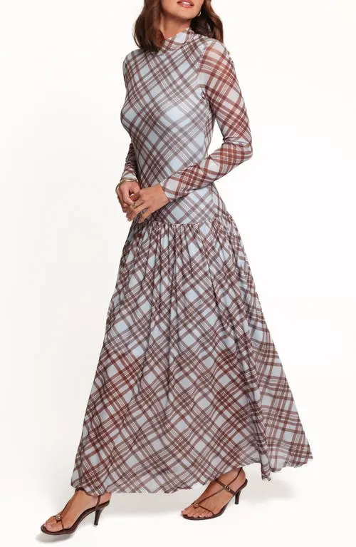PETAL & PUP Odilia Plaid Long Sleeve Mesh Maxi Dress