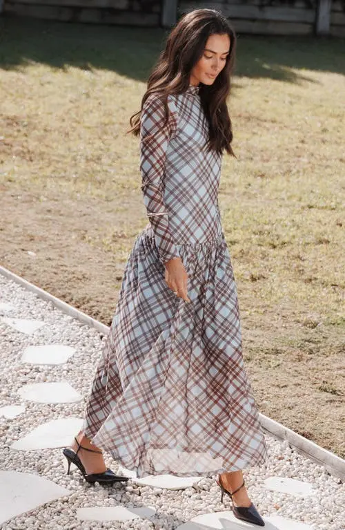 PETAL & PUP Odilia Plaid Long Sleeve Mesh Maxi Dress