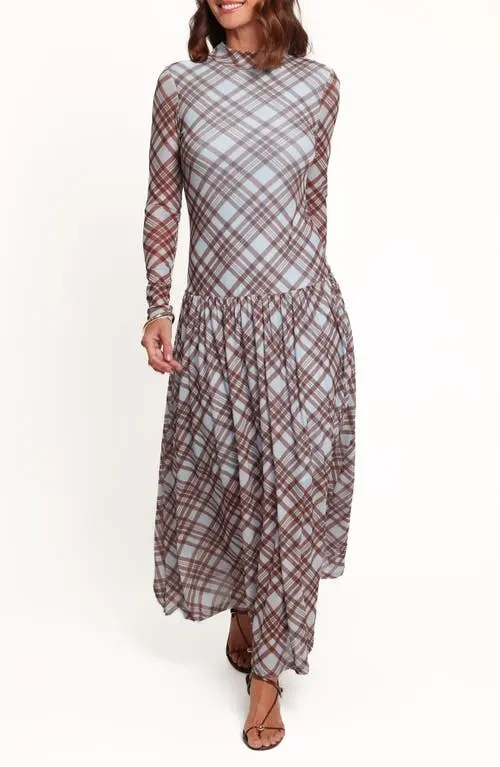 PETAL & PUP Odilia Plaid Long Sleeve Mesh Maxi Dress - Blue Plaid