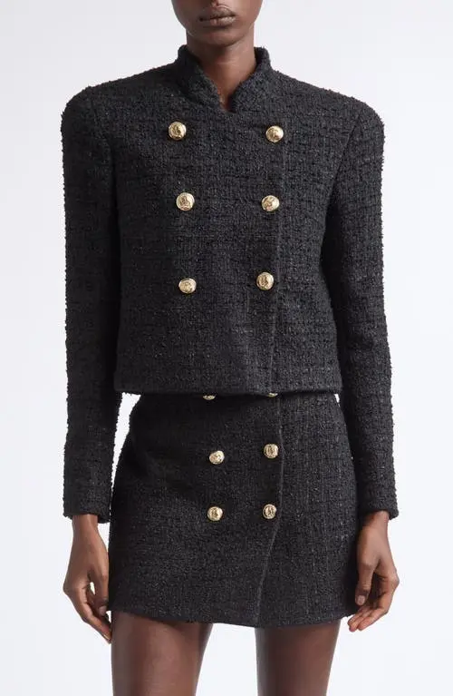 Balmain Crop Double Breasted Cotton Blend Tweed Jacket