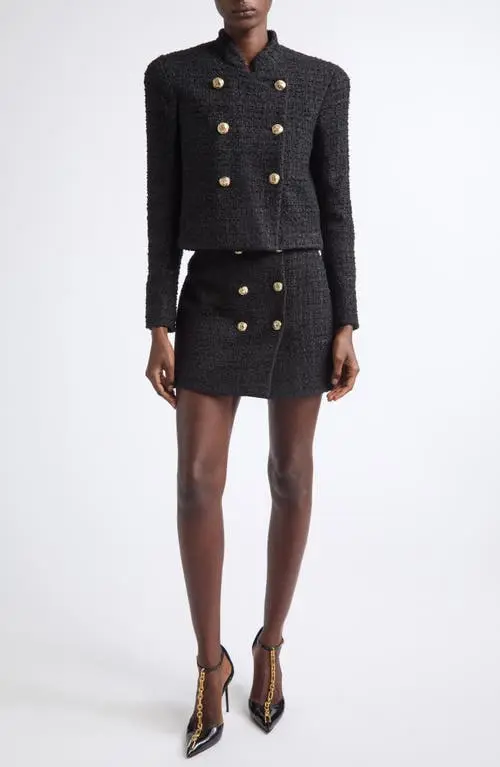 Balmain Crop Double Breasted Cotton Blend Tweed Jacket