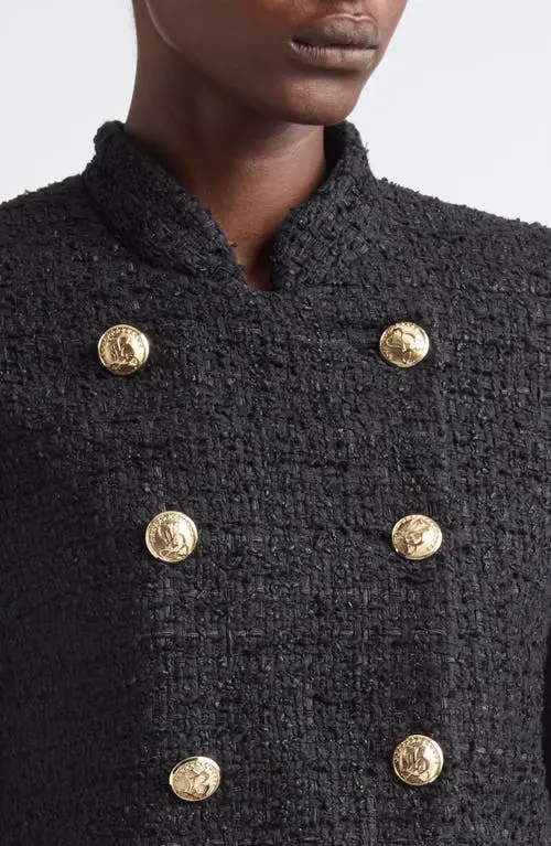 Balmain Crop Double Breasted Cotton Blend Tweed Jacket