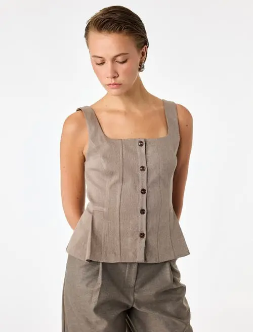 Koton Square Neck Sleeveless Peplum Top With Front Button Closure