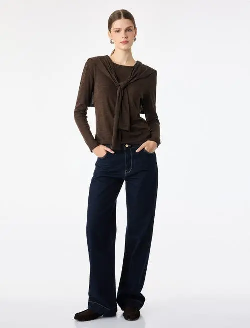 Koton Long Sleeve Tie-front Shawl Collar Top